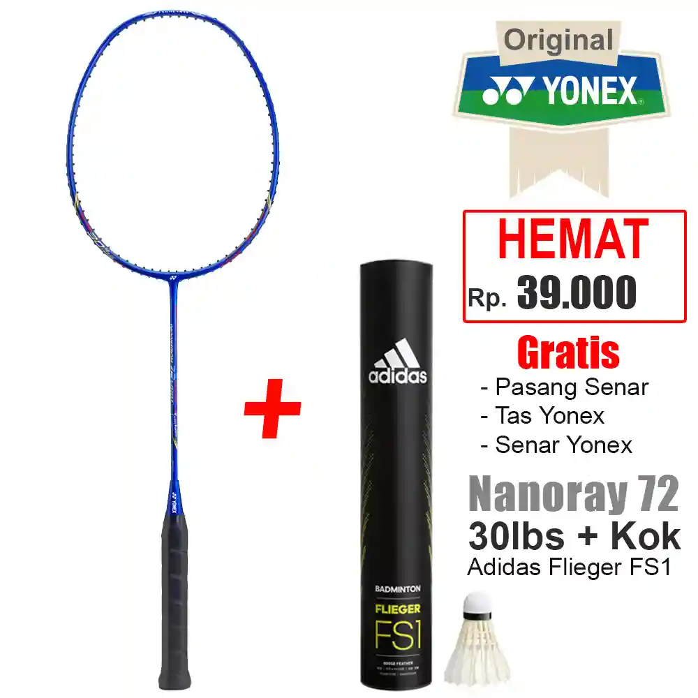 Paket Raket Badminton Yonex Nanoray 72 Light Blue dan 1 Shuttlecock ...